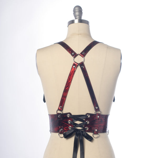 Apatico - Dragon Ribbon Harness - Red Black Metallic Leather - Gothic