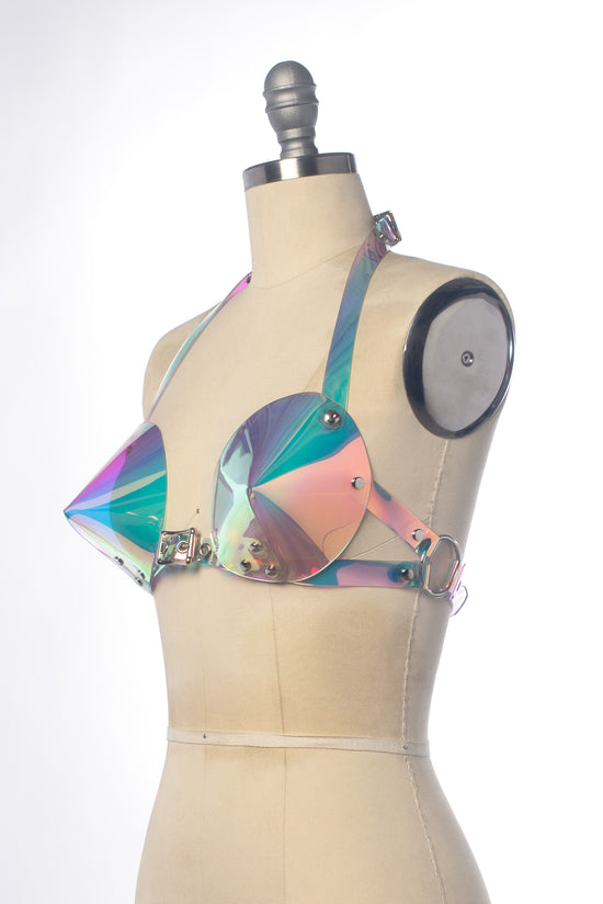Apatico - Iridescent Bullet Bra Harness - Holographic Rainbow PVC