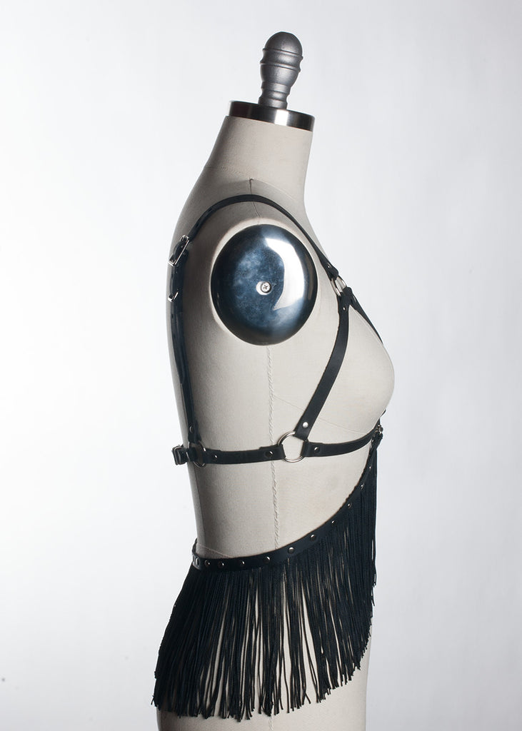 Apatico - Fringe Cage Bra Harness - Black Pvc & Leather - Burlesque