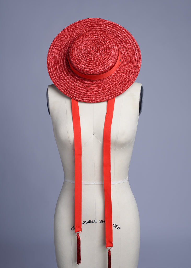 Apatico - Gothic Millinery - Tiffany Straw Hat - Red Ribbon - Wide Brim
